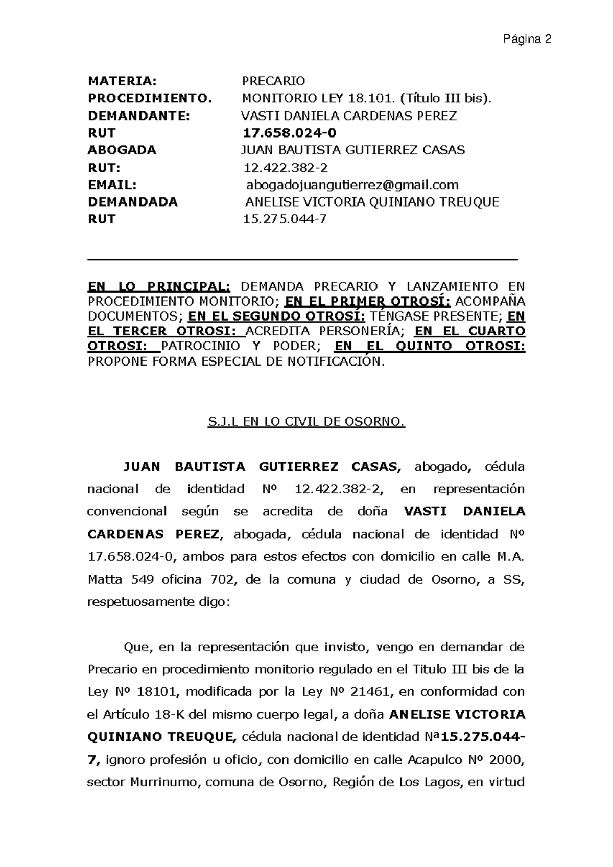 Demanda de Precario en Procedimiento Monitorio LEY 18 - Causa Osorno ...