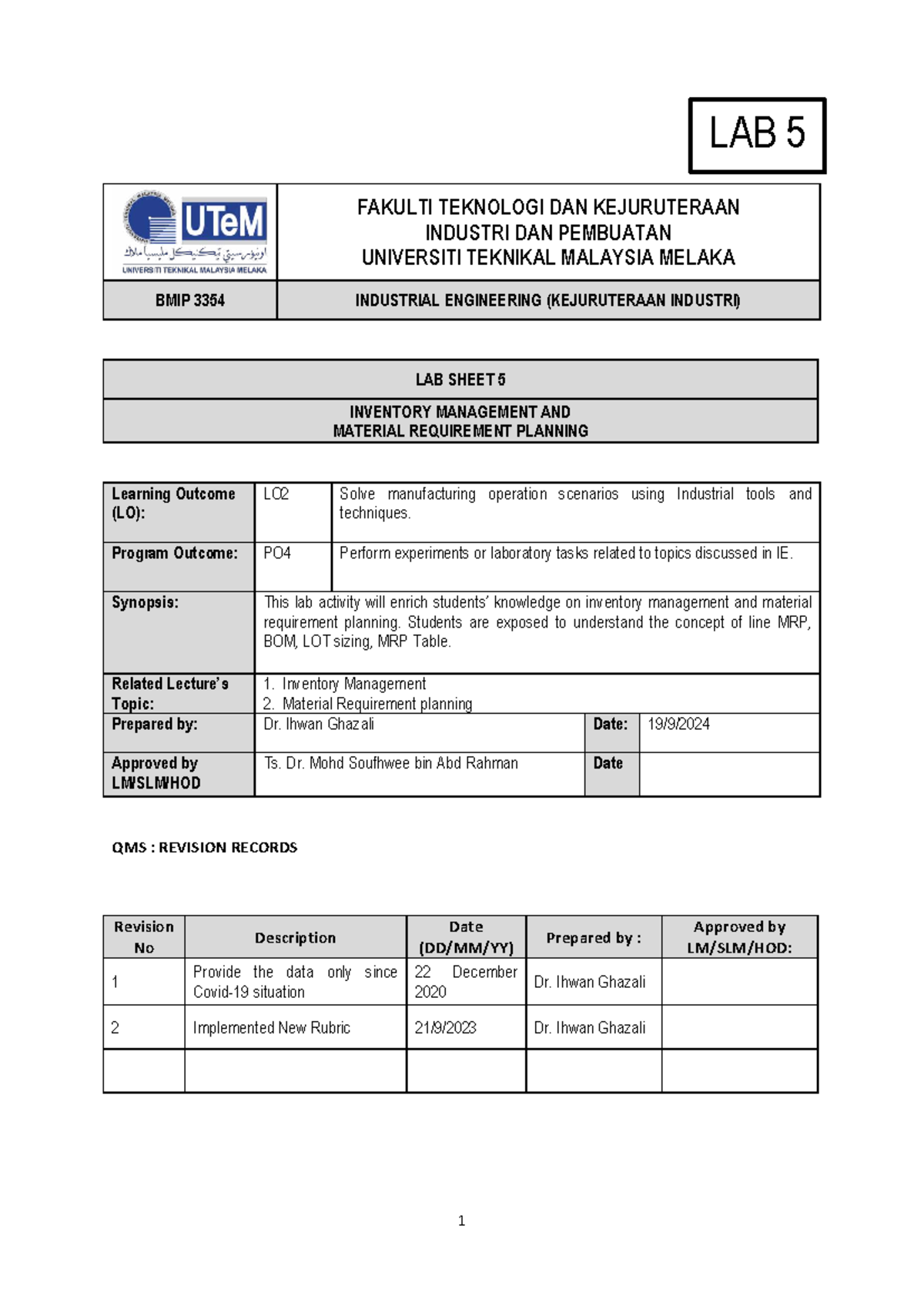 Labsheet 5 IE - This is a report for subject industrial engineering lab 5 - FAKULTI TEKNOLOGI ...