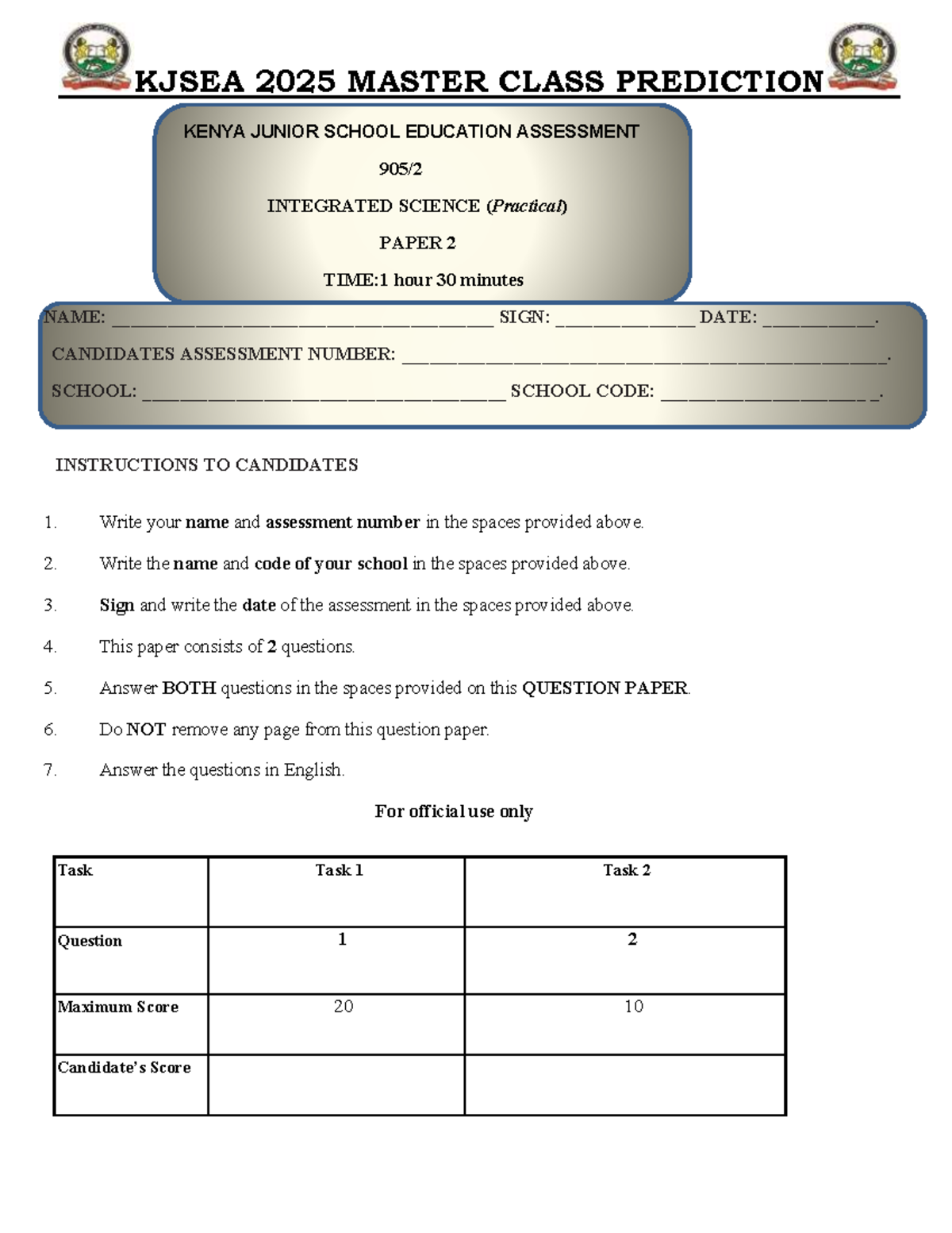 KJSEA 2025 MASTER CLASS INTEGRATED SCIENCE PRACTICAL PAPER 2 - Studocu