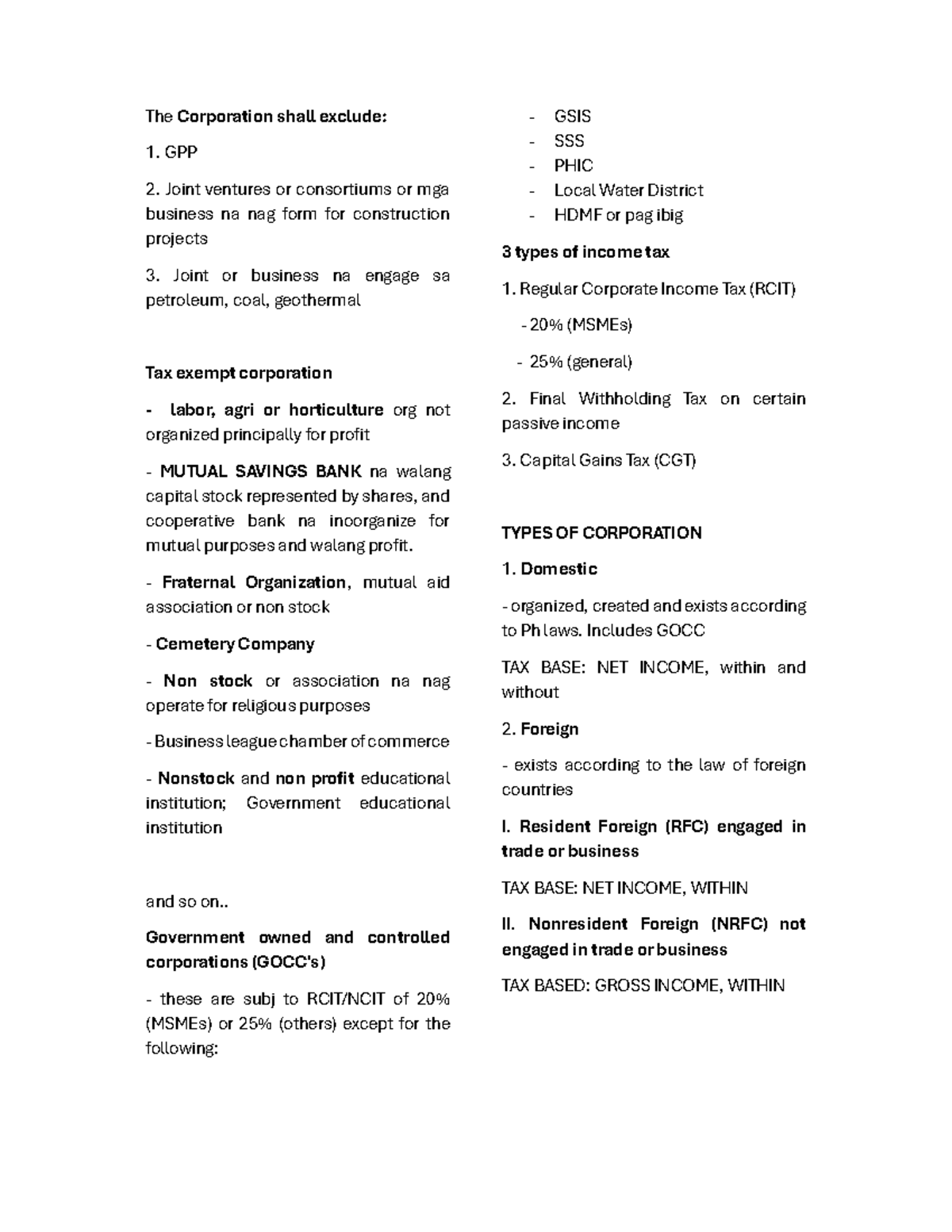 Corpo - REVIEWER: Exclusions, Tax Types, and Corporate Classifications ...