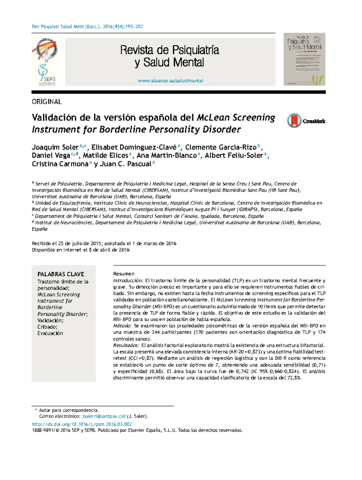Validación del McLean Screening Instrument para TLP (PSI-2016) - Studocu