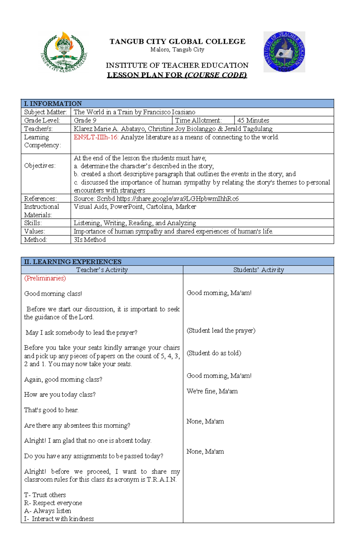 Lesson Plan for Grade 9: The World in a Train (Course Code) - Studocu