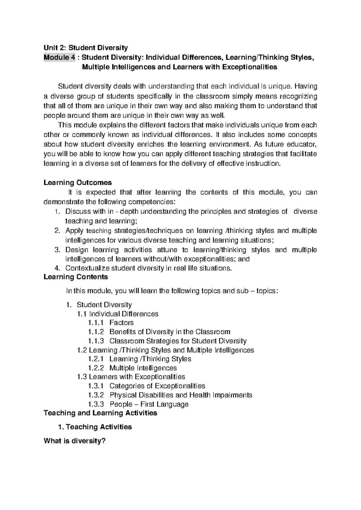 Module 4: Understanding Student Diversity and Individual Differences - Studocu