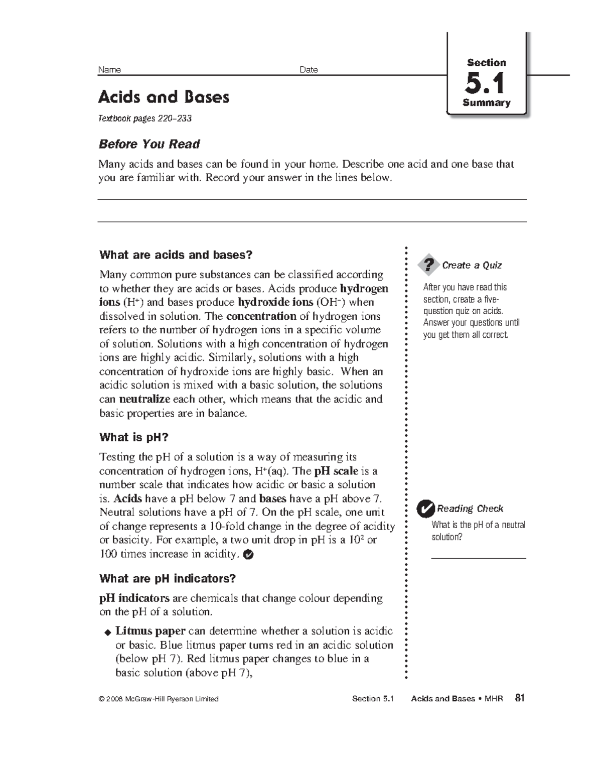 ACID-BASE Worksheet (Section 5, pages 220-229) - Studocu