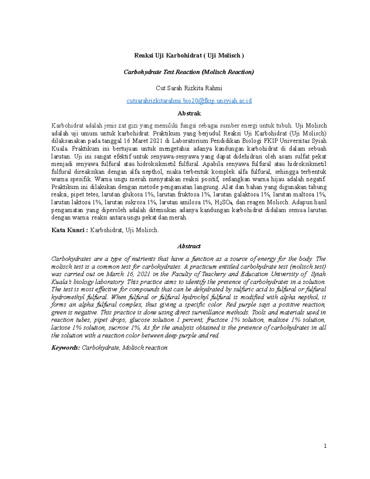 Uji Molisch Karbohidrat: Praktikum Biokimia FKIP Bio20 - Studocu