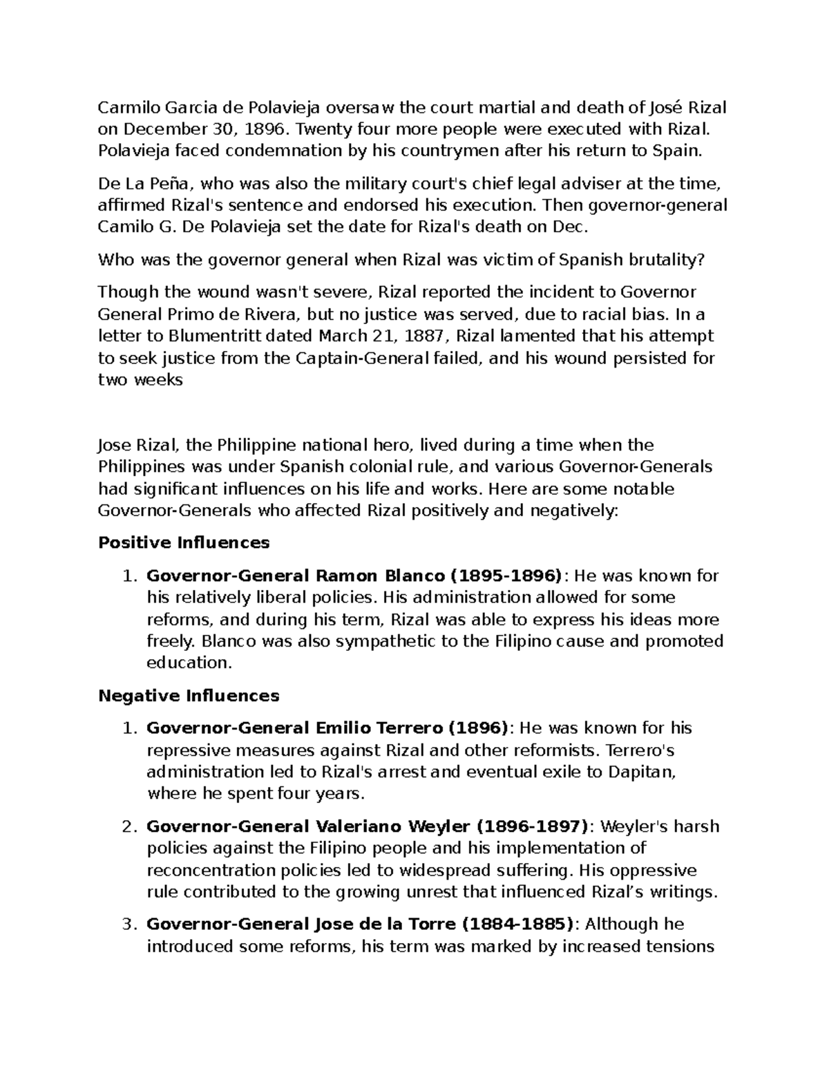 Governor-General Influences on José Rizal's Life and Works - Studocu