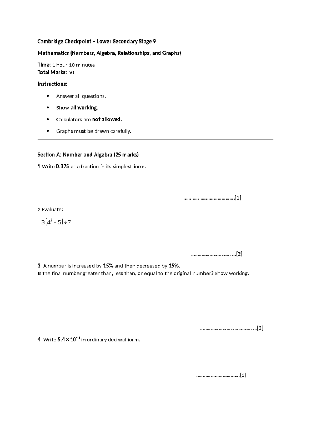Cambridge Checkpoint Stage 9 Math Exam (Numbers, Algebra, Graphs) - Studocu