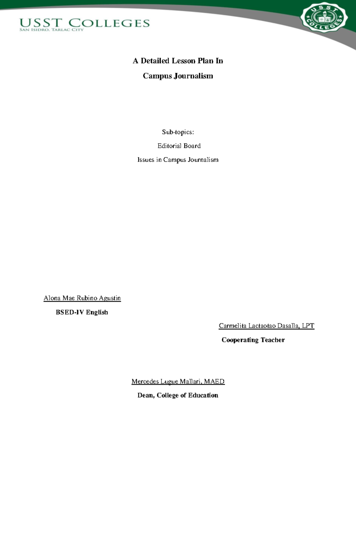 DEMO- Lesson-PLAN - Lesson Plan - A Detailed Lesson Plan In Campus ...