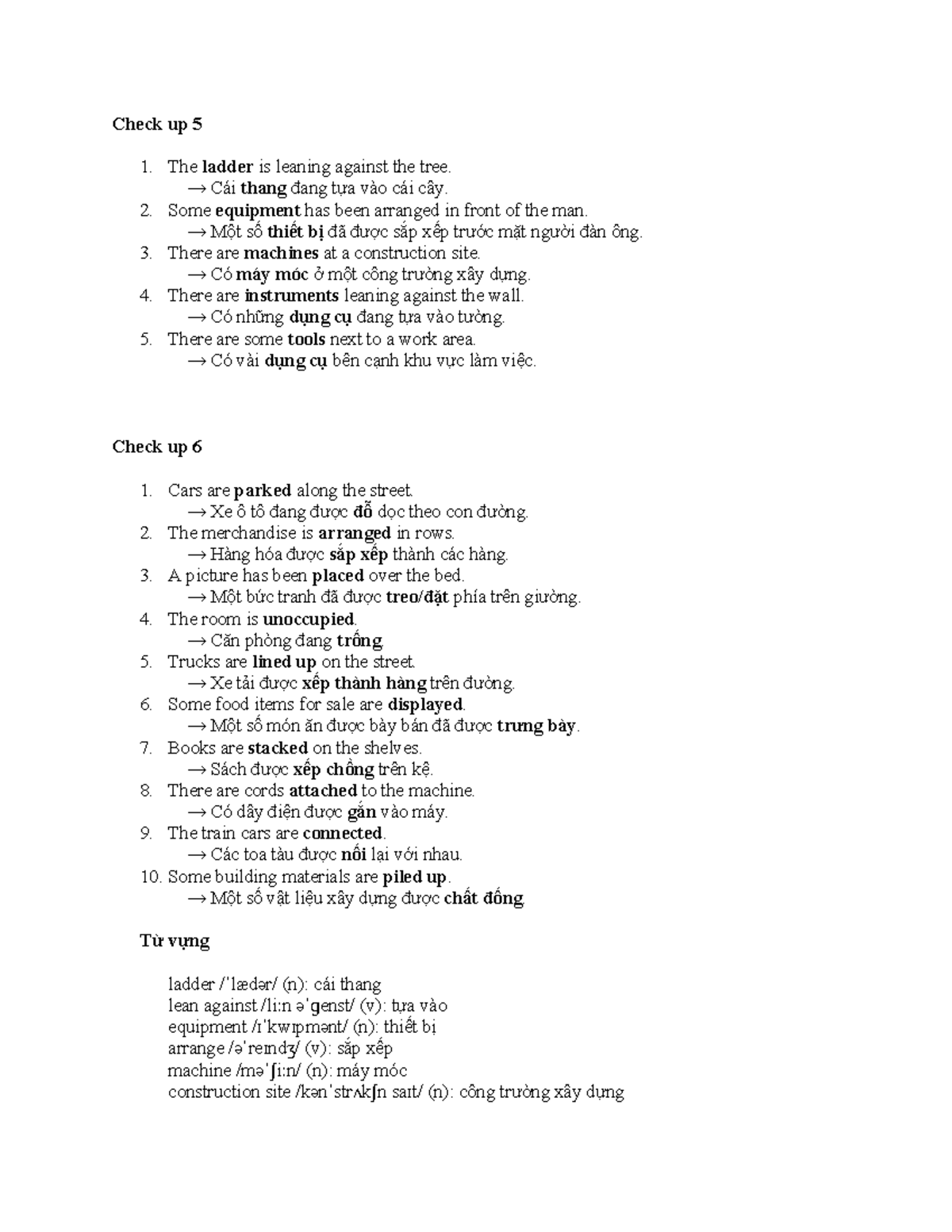 HW-key: Vocabulary Check-up 5 & 6 - Equipment & Arrangements - Studocu