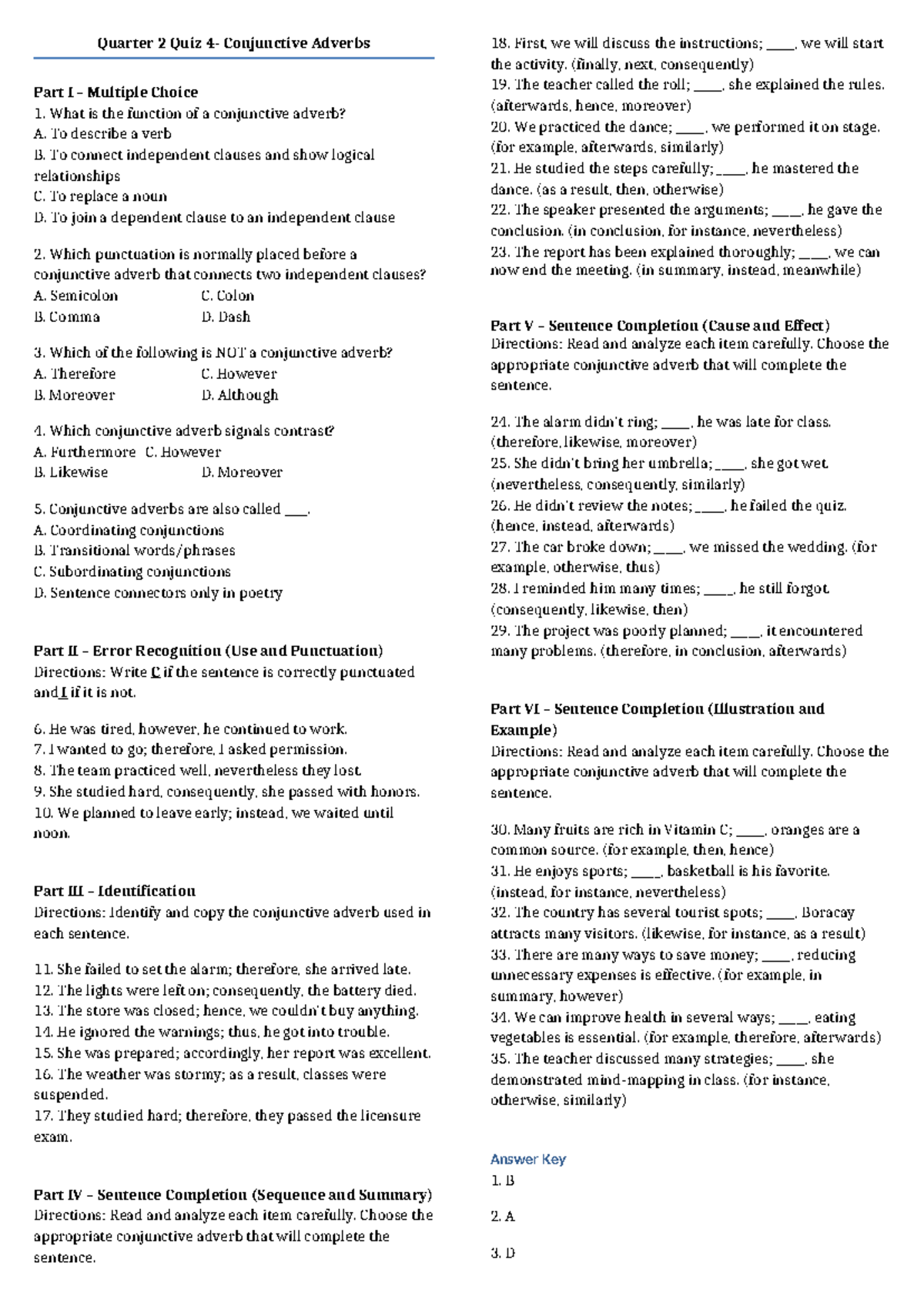 Quarter 2 Quiz #4: Conjunctive Adverbs Test and Answers - Studocu