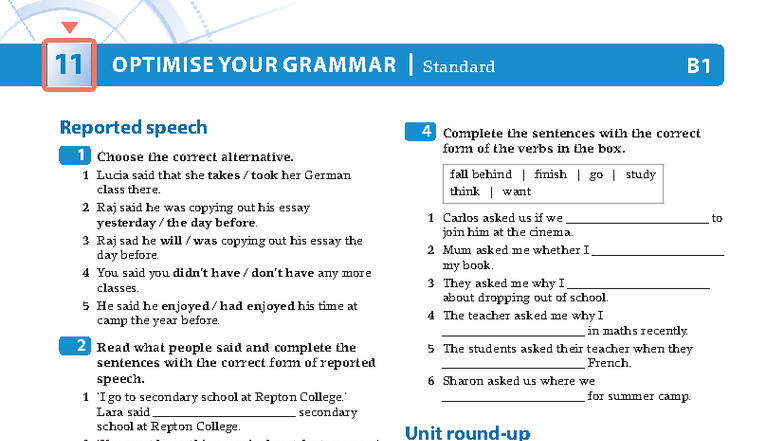 OPT B1 U11 Grammar: Reported Speech Exercises and Answers - Studocu
