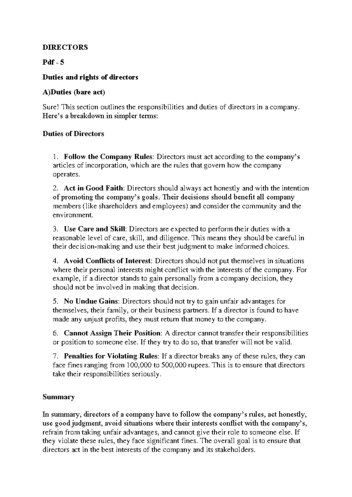 Directors (PDF - 5): Duties and Rights Under Company Law - Studocu