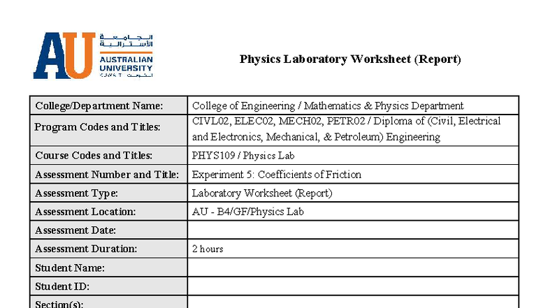 Physics Lab Report: Coefficients of Friction (PHYS109) - Studocu