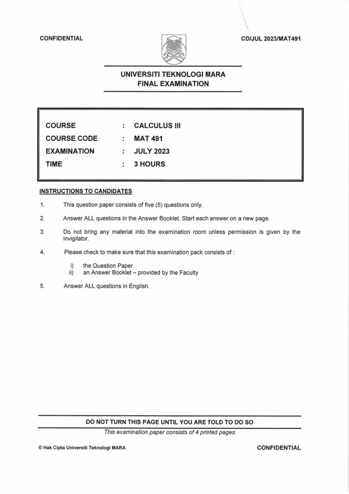 MAT 491 Final Exam Paper - Calculus July 2023 - Studocu