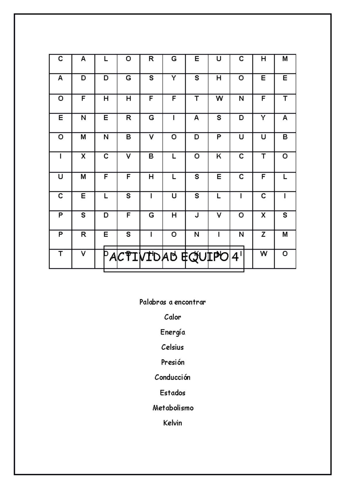 Sopa de letras del tema calor y temperatura - Física - C A L O R G E U ...