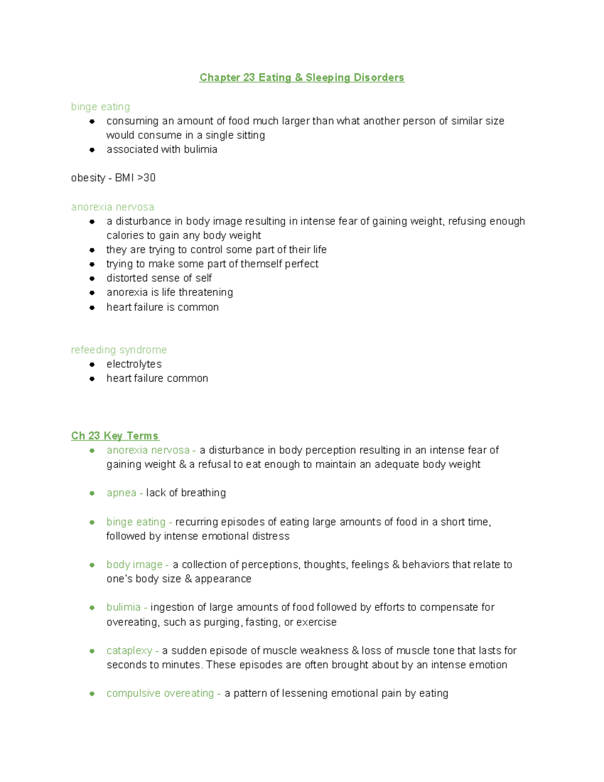 Eating & Sleeping Disorders (Chapter 23) - Key Terms & Concepts - Studocu