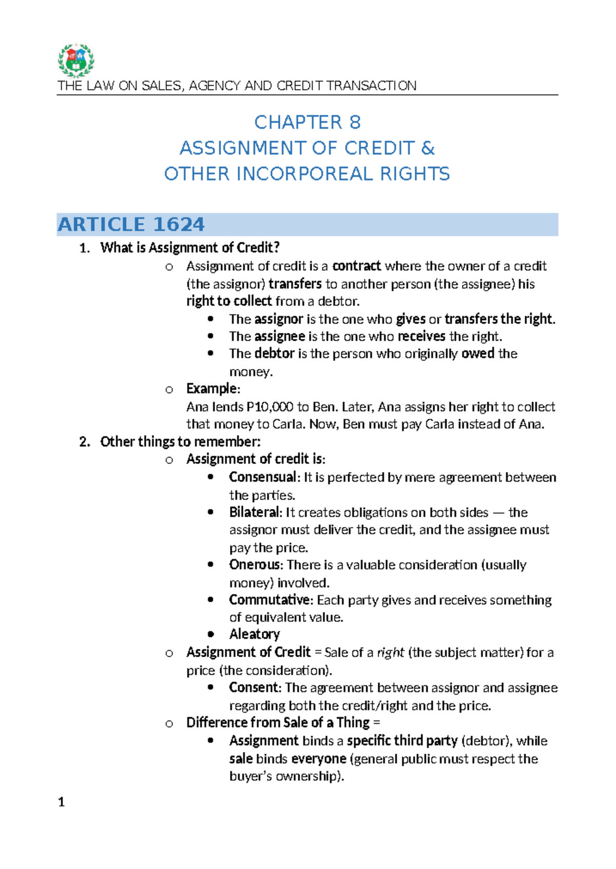 CHAP 8: Assignment of Credit & Other Incorporeal Rights Analysis - Studocu