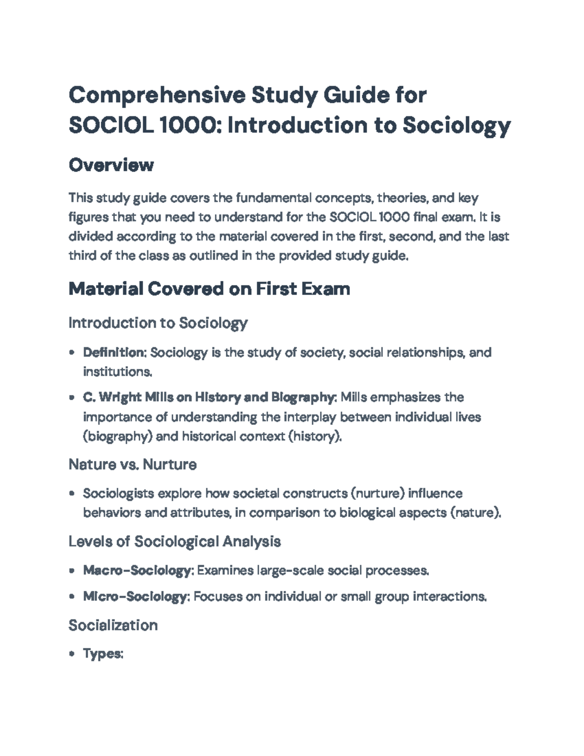 Comprehensive Study Guide for SOCIOL 1000: Intro to Sociology Exam ...