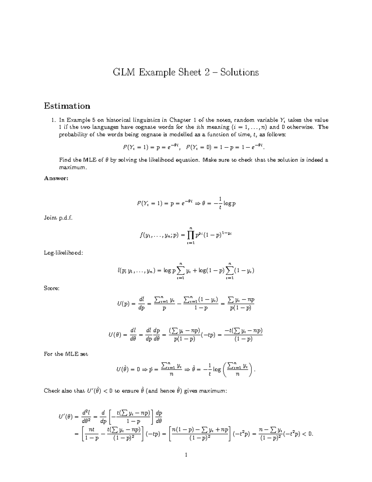 GLM Example Sheet 2 Solutions: MLE and Statistical Inference - Studocu