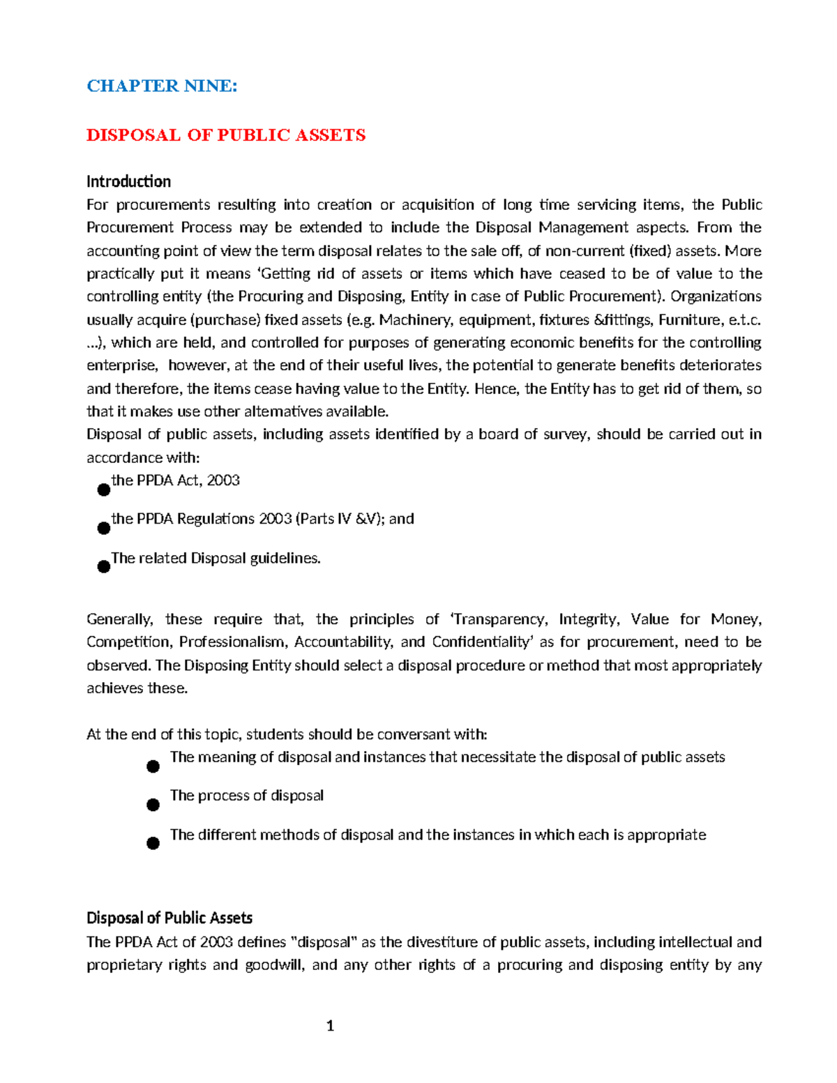 PPDA 2003: Managing Disposal of Public Assets in Org. - Studocu