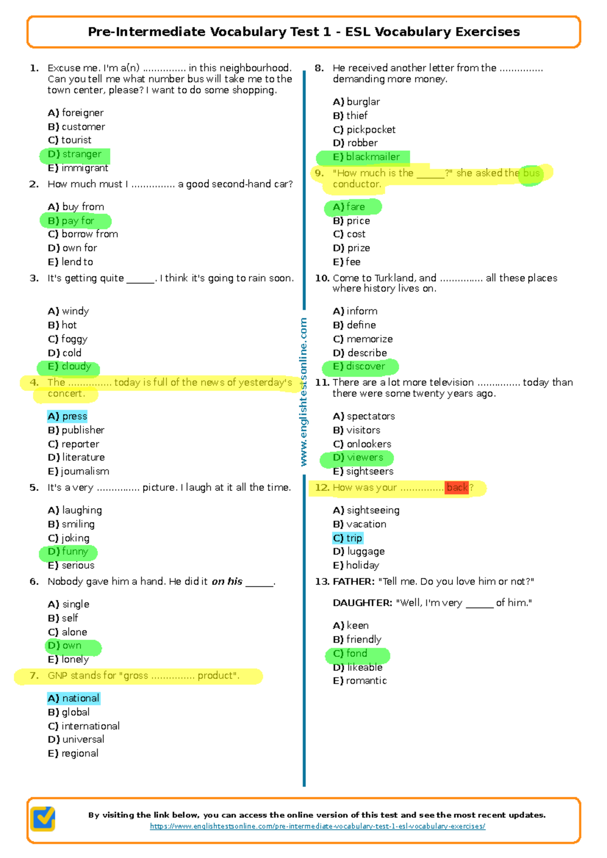 Vocabulary Test 1 ESL: Pre-Intermediate Vocabulary Exercises - Studocu