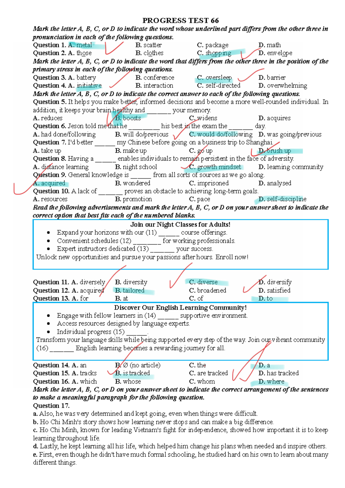 Progress Test 66 - Pronunciation and Stress Practice - Studocu