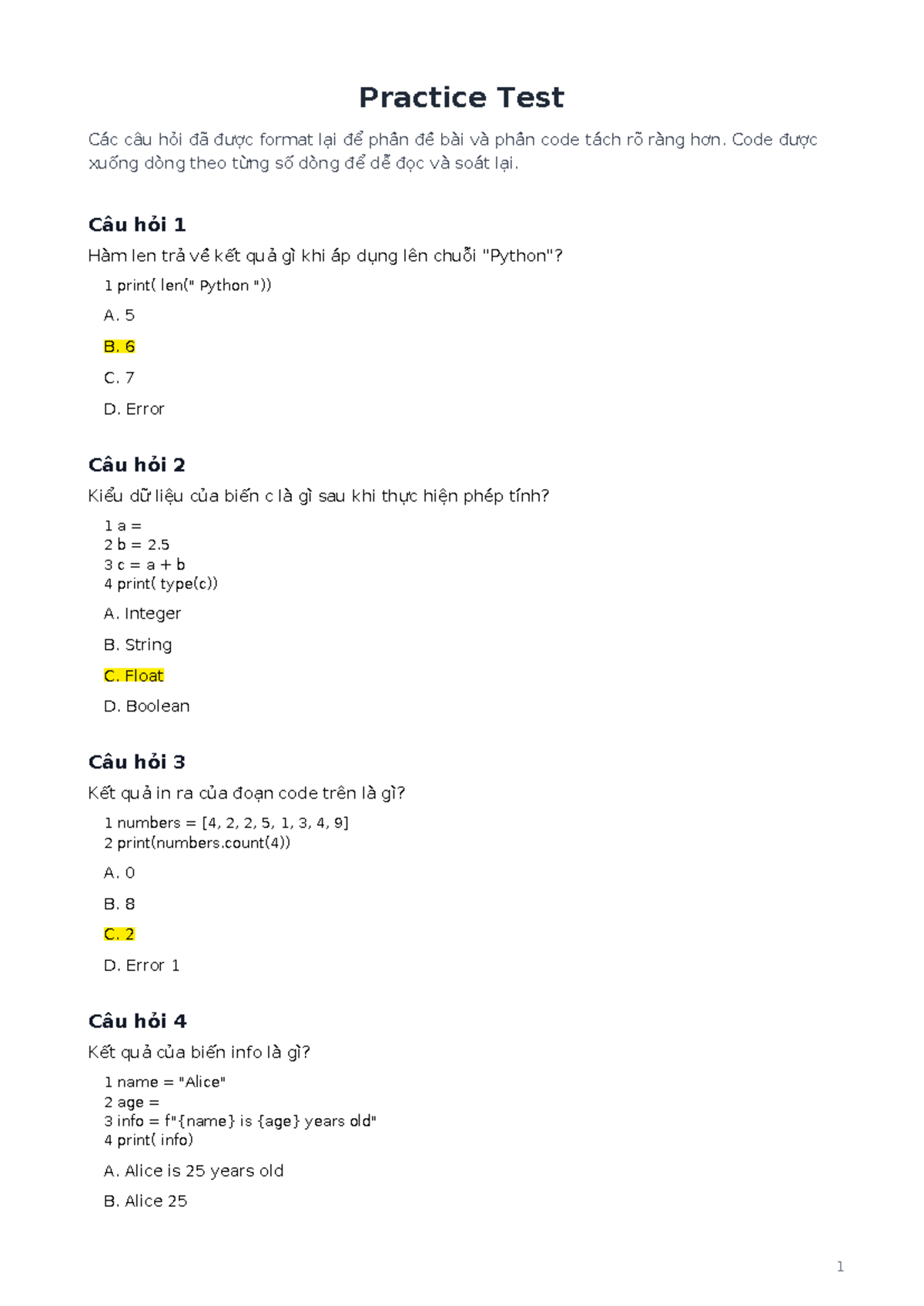 Practice Test: Câu hỏi Python Đã Được Format Lại V2 - Studocu