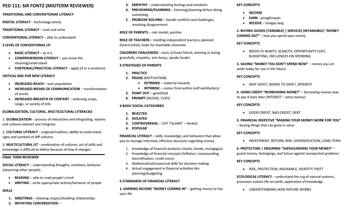 PED SIR FONTZ (MIDTERM & FINAL REVIEWER) ON LITERACY CONCEPTS - Studocu