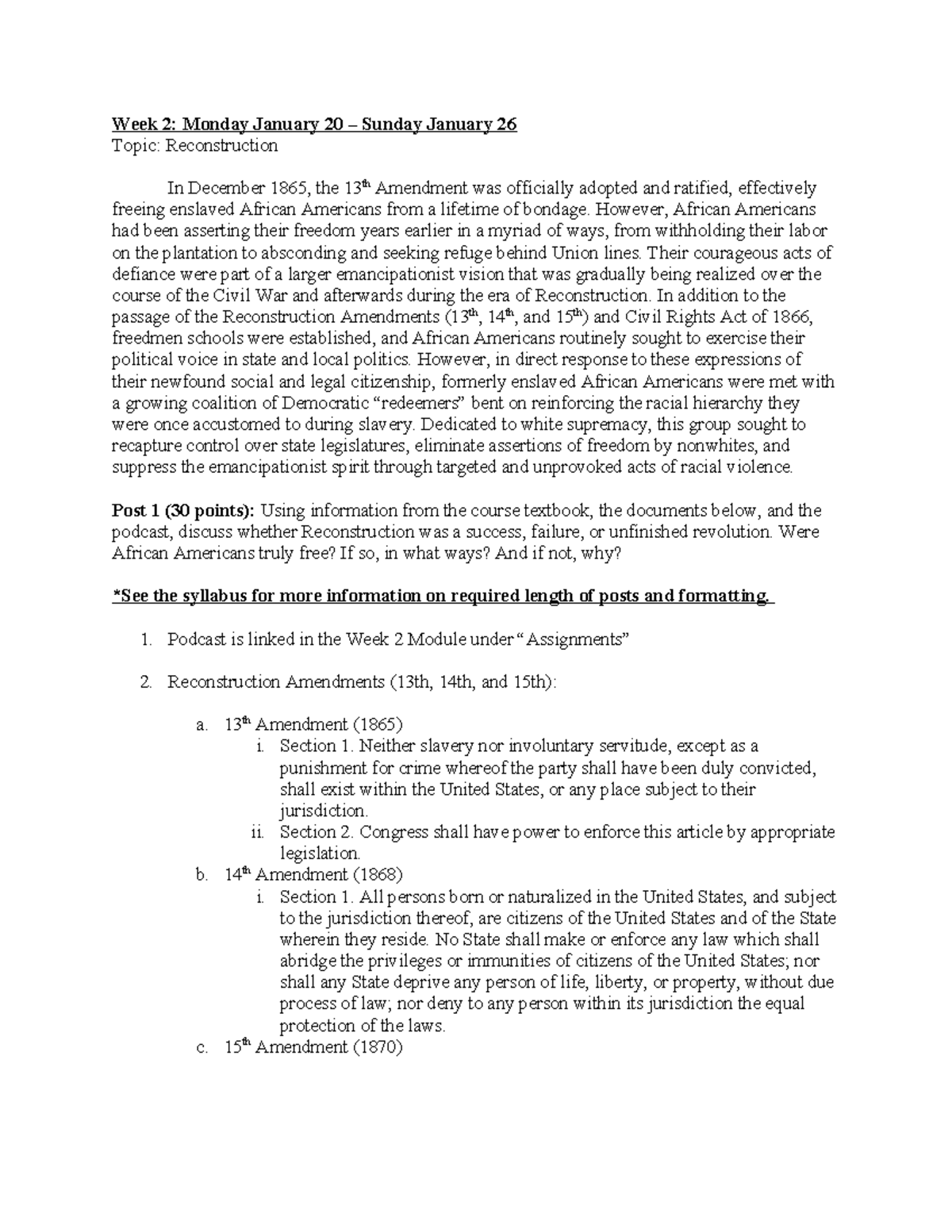 Week 2 Discussion Board 1: Analyzing Reconstruction's Impact on Freedom ...