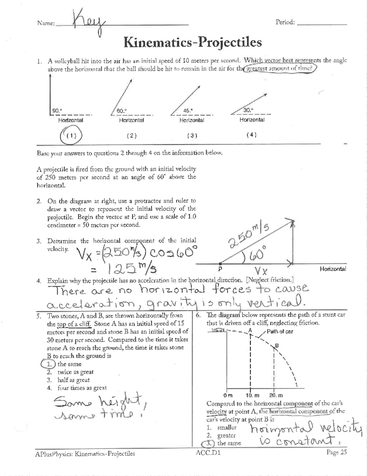 Projectile Motion Worksheet Answers for Kinematics Course - Studocu