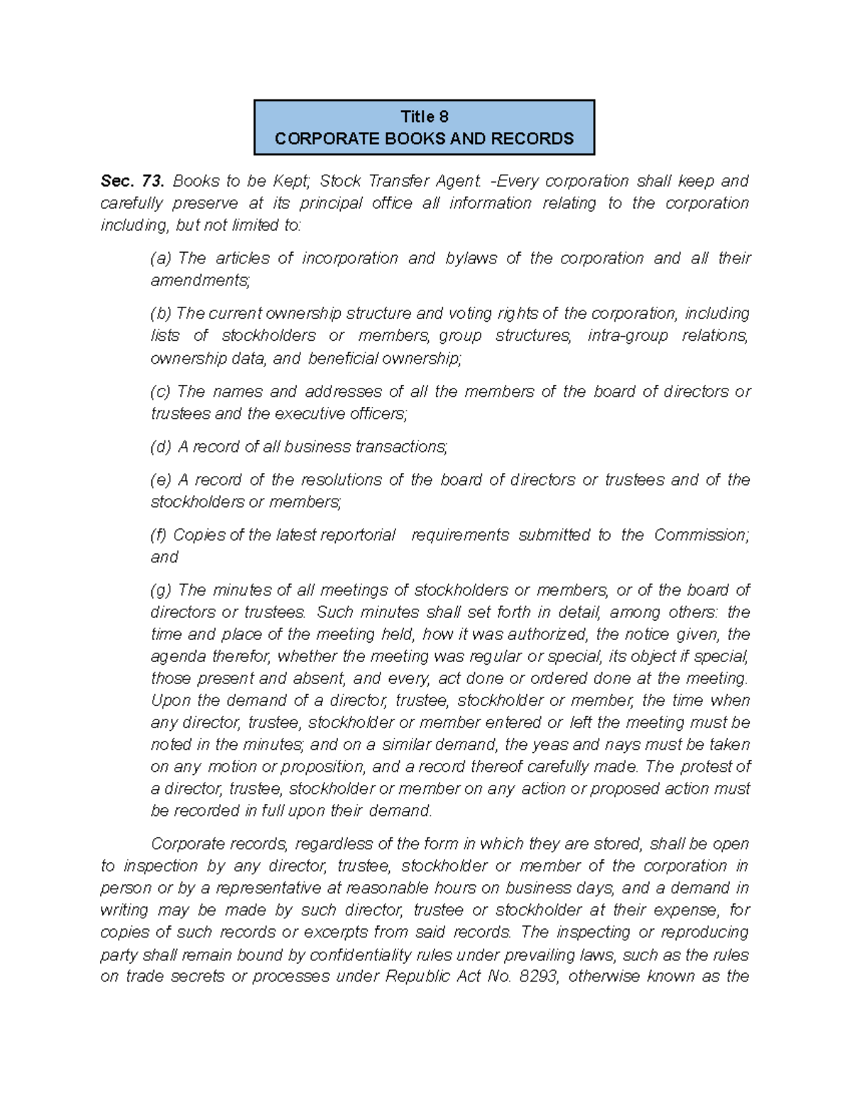 Corporate Books and Records Overview - Sec. 73 & 75 Compliance - Studocu