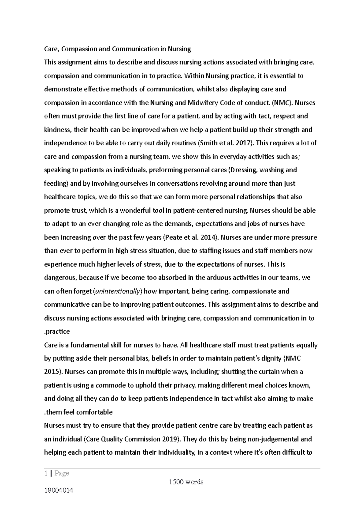 NUR4009-B: Exploring Care, Compassion, and Communication in Nursing ...