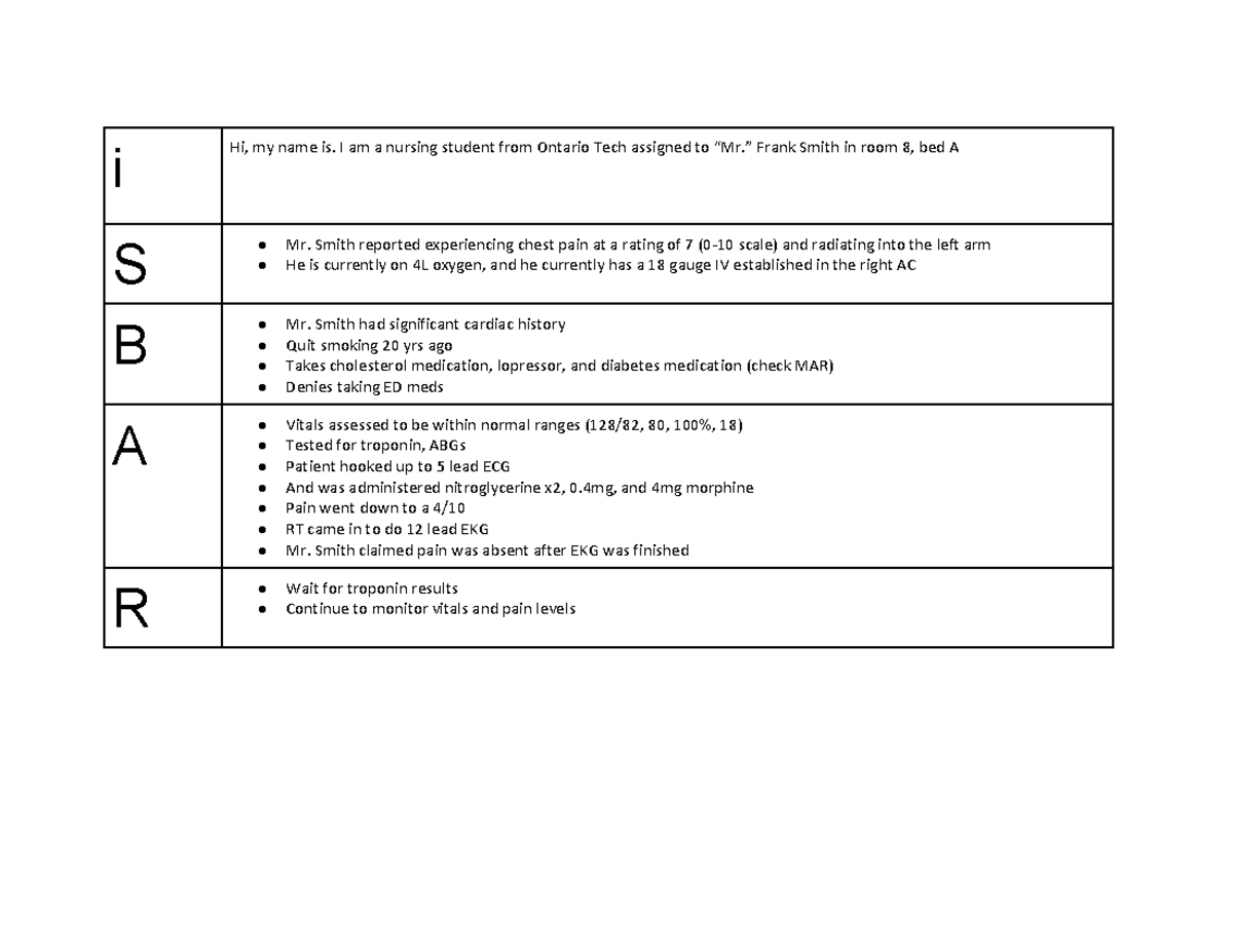 NURS 101: SBAR Assignment on Patient Assessment for Mr. Smith - Studocu