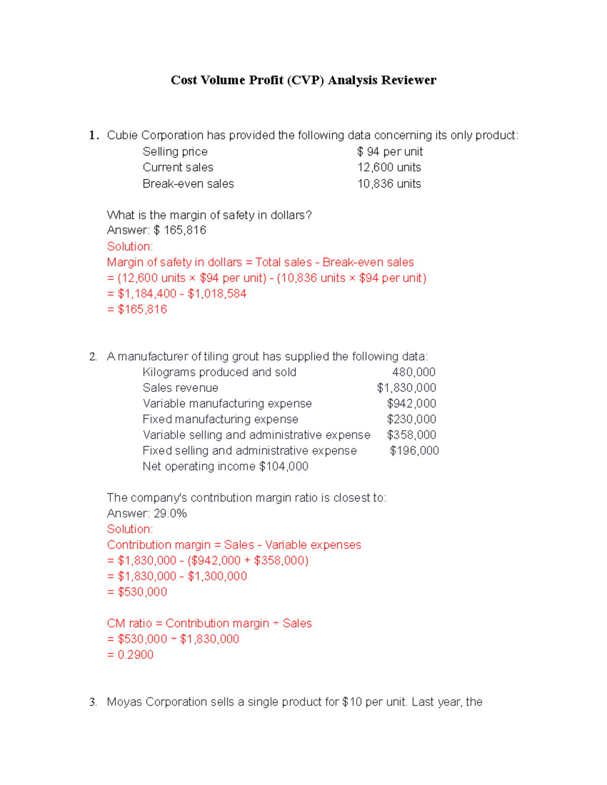 CVP Analysis Reviewer with Solutions for Case Studies and Examples ...