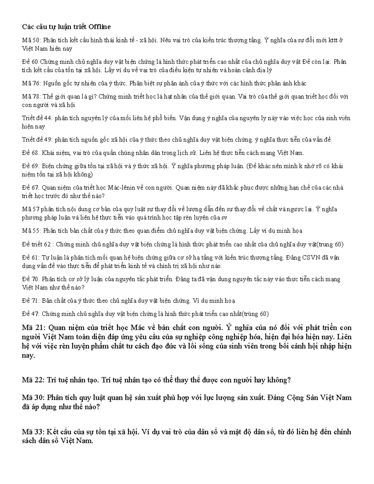 Các câu tự luận triết Offline - Phân tích và Chứng minh các Đề Mã 50-78 ...