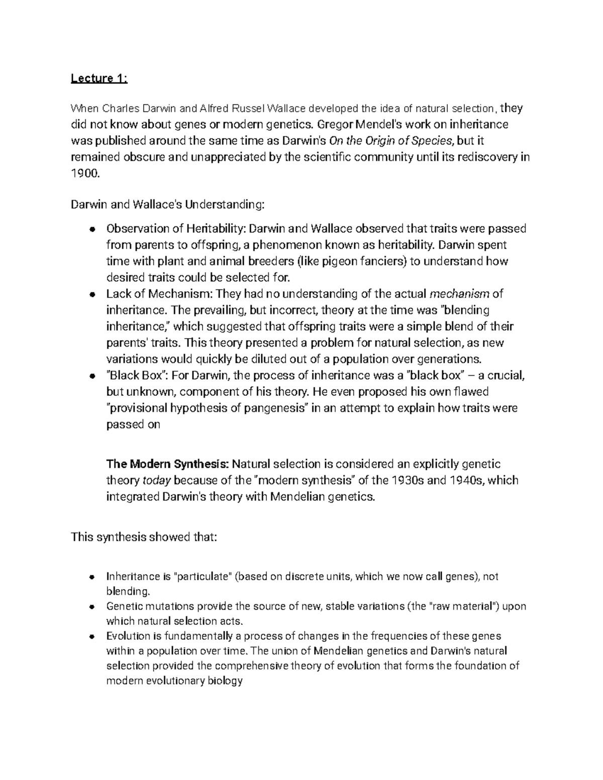Bio 101: Evolution Lecture 1 & 9 Summary on Natural Selection - Studocu