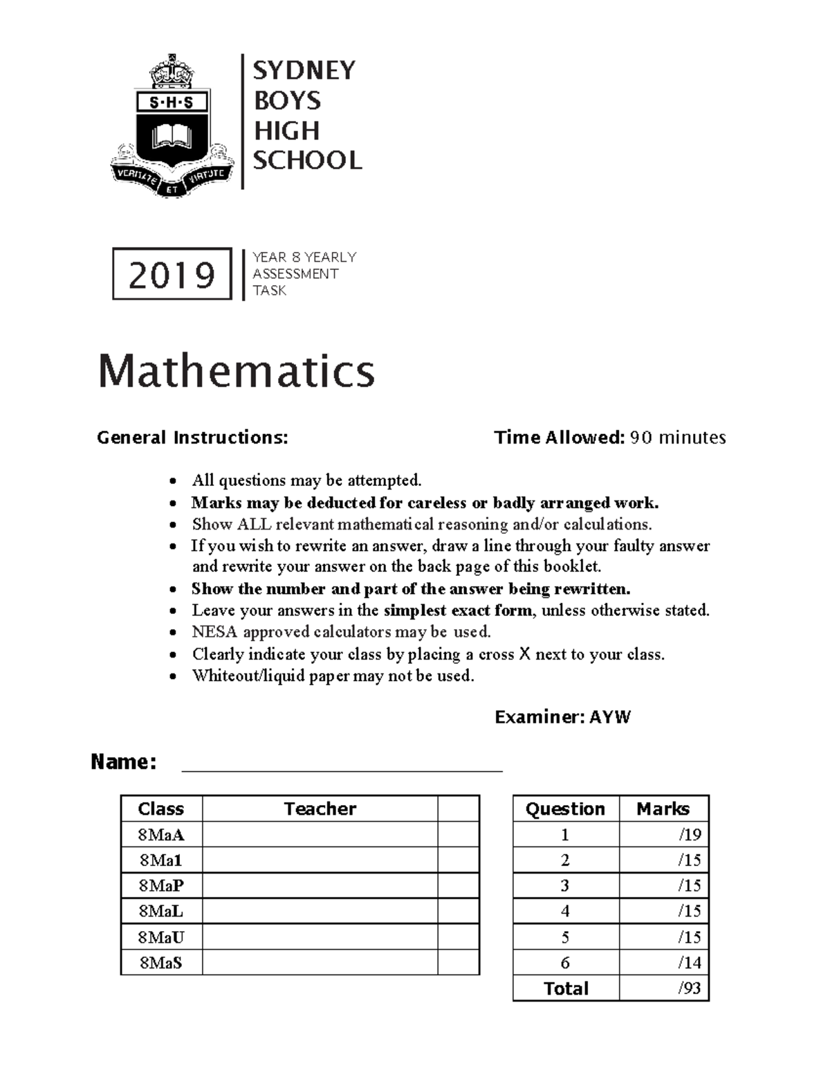 SBHS 2019 Y8 Yearly Assessment - Mathematics Past Paper - Studocu