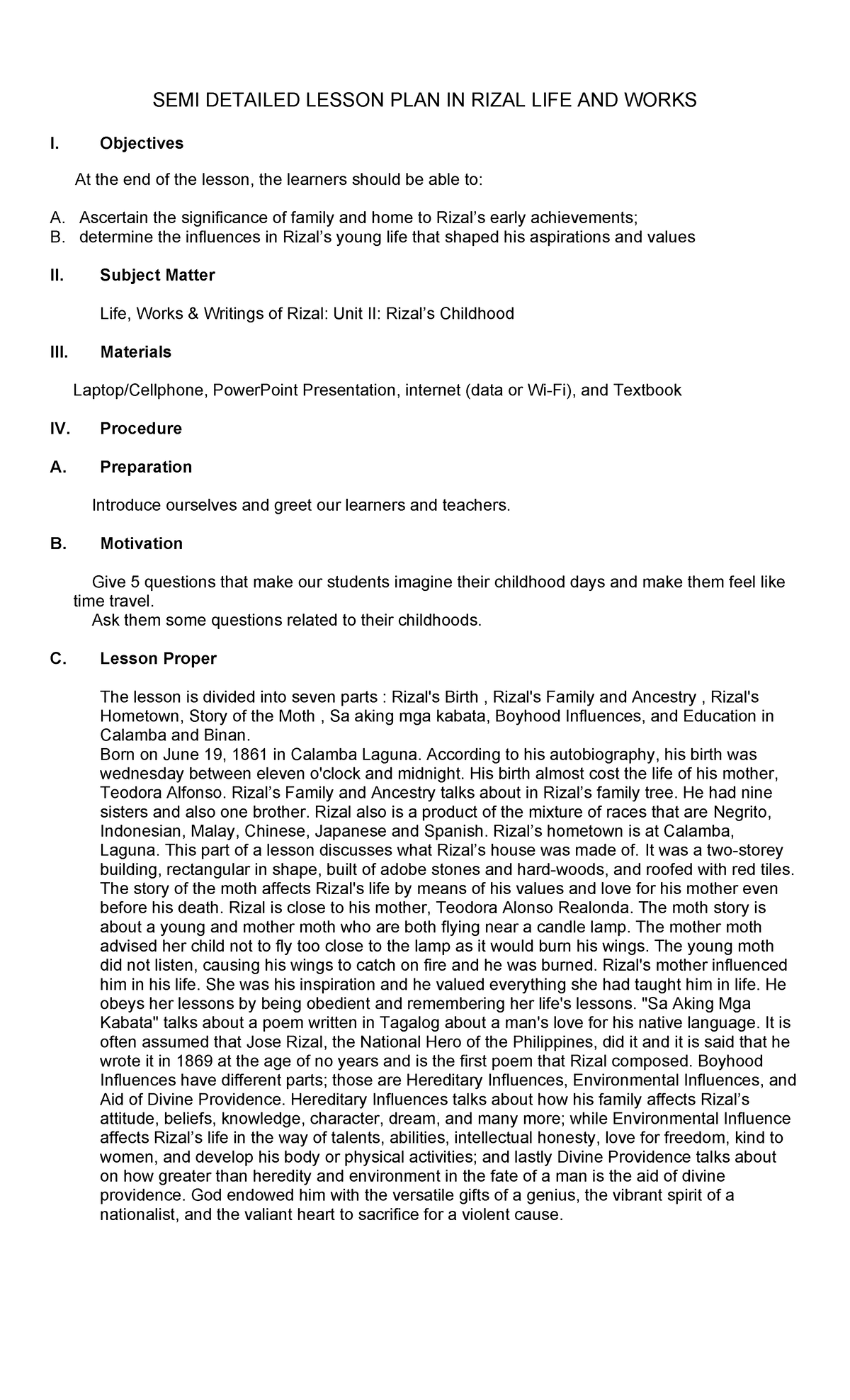SEMI Detailed Lesson Plan on Rizal's Life & Works (Unit II) - Studocu