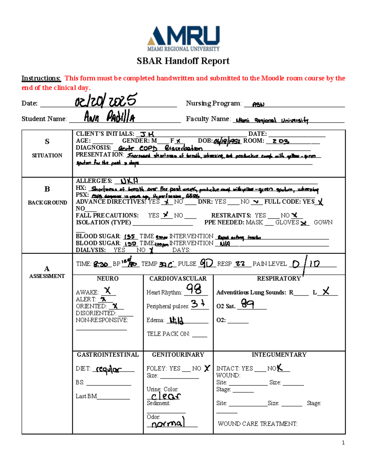 MRU Nursing Program SBAR Handoff Report Template - Studocu