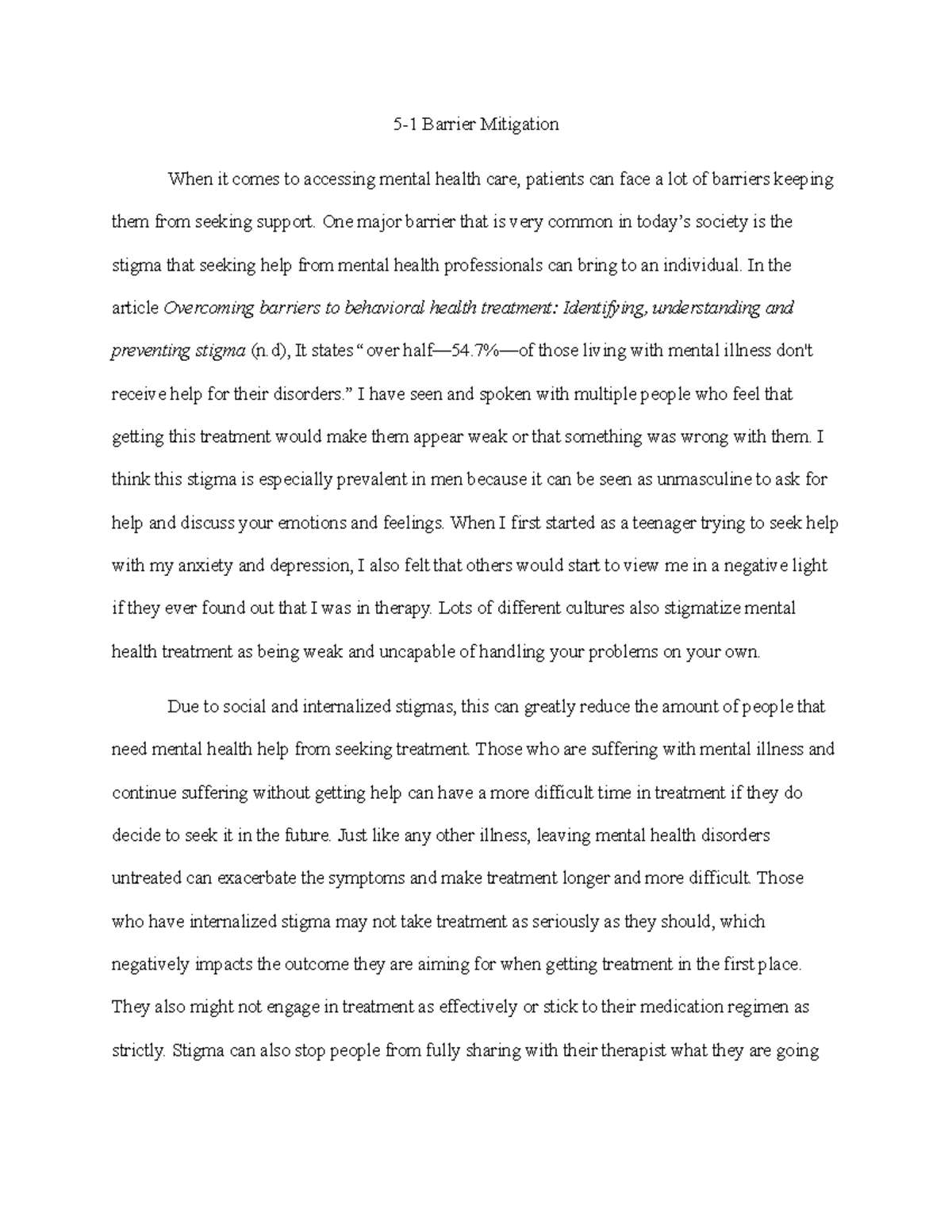 Overcoming Stigma in Mental Health Treatment: PSY 315 Journal Insights - Studocu