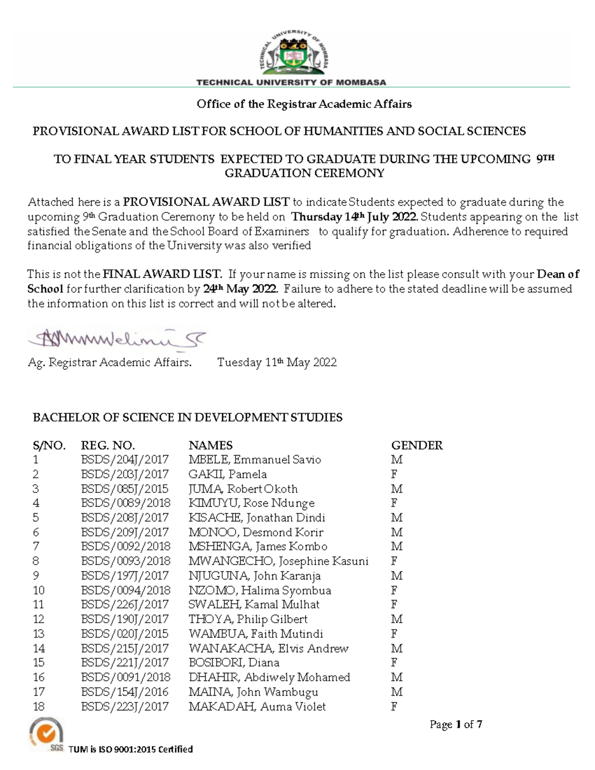 Provisional Award List for Humanities & Social Sciences Graduates - Studocu