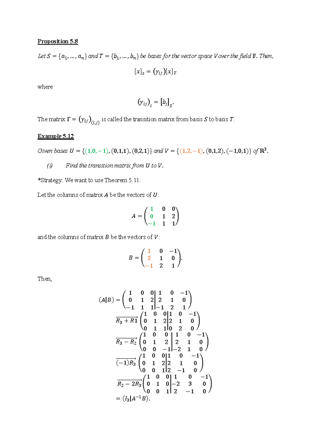 Transition Matrix from Basis U to V: Proposition 5.8 & Example 5 - Studocu