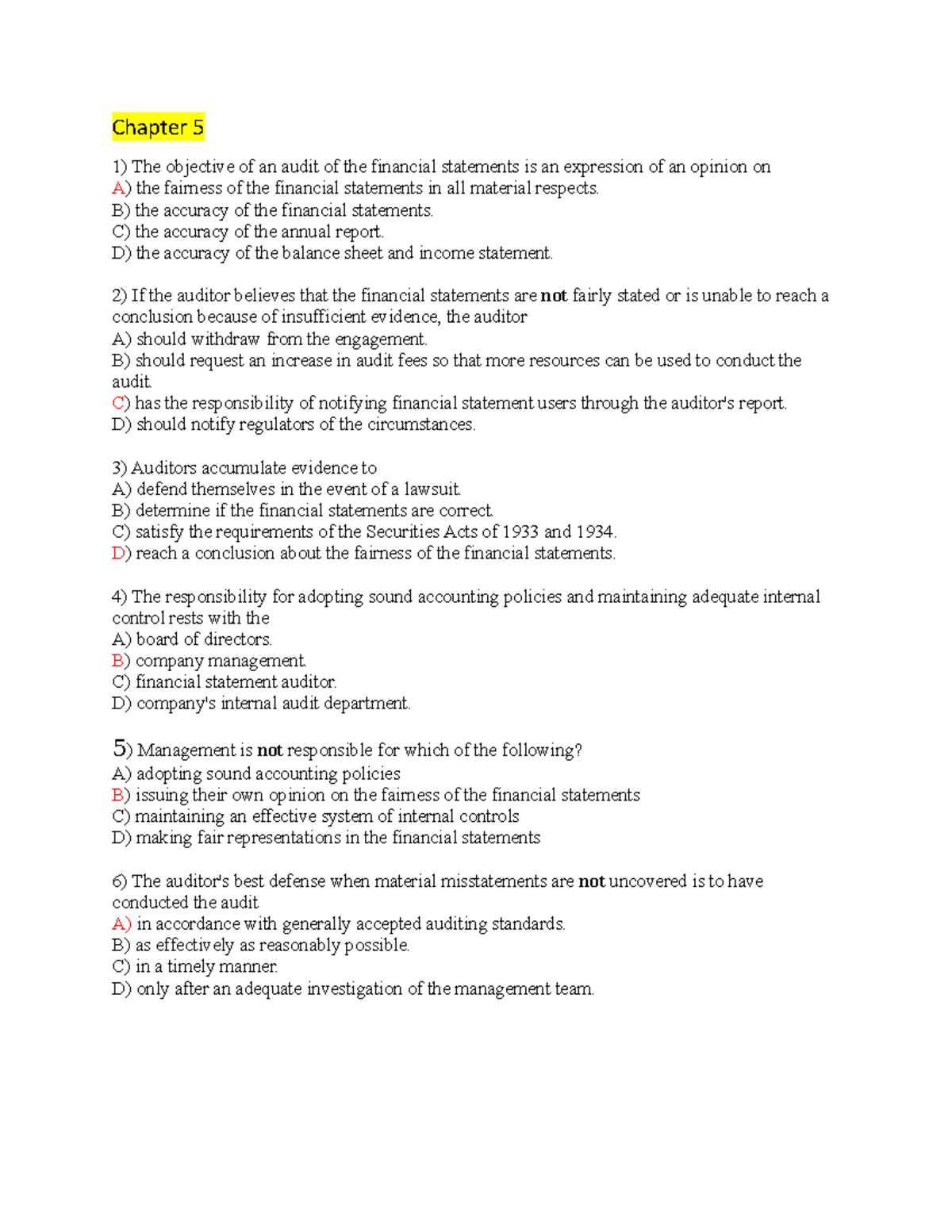 Chapter 5 MCQ - MCQ - Chapter 5 The objective of an audit of the financial statements is an ...