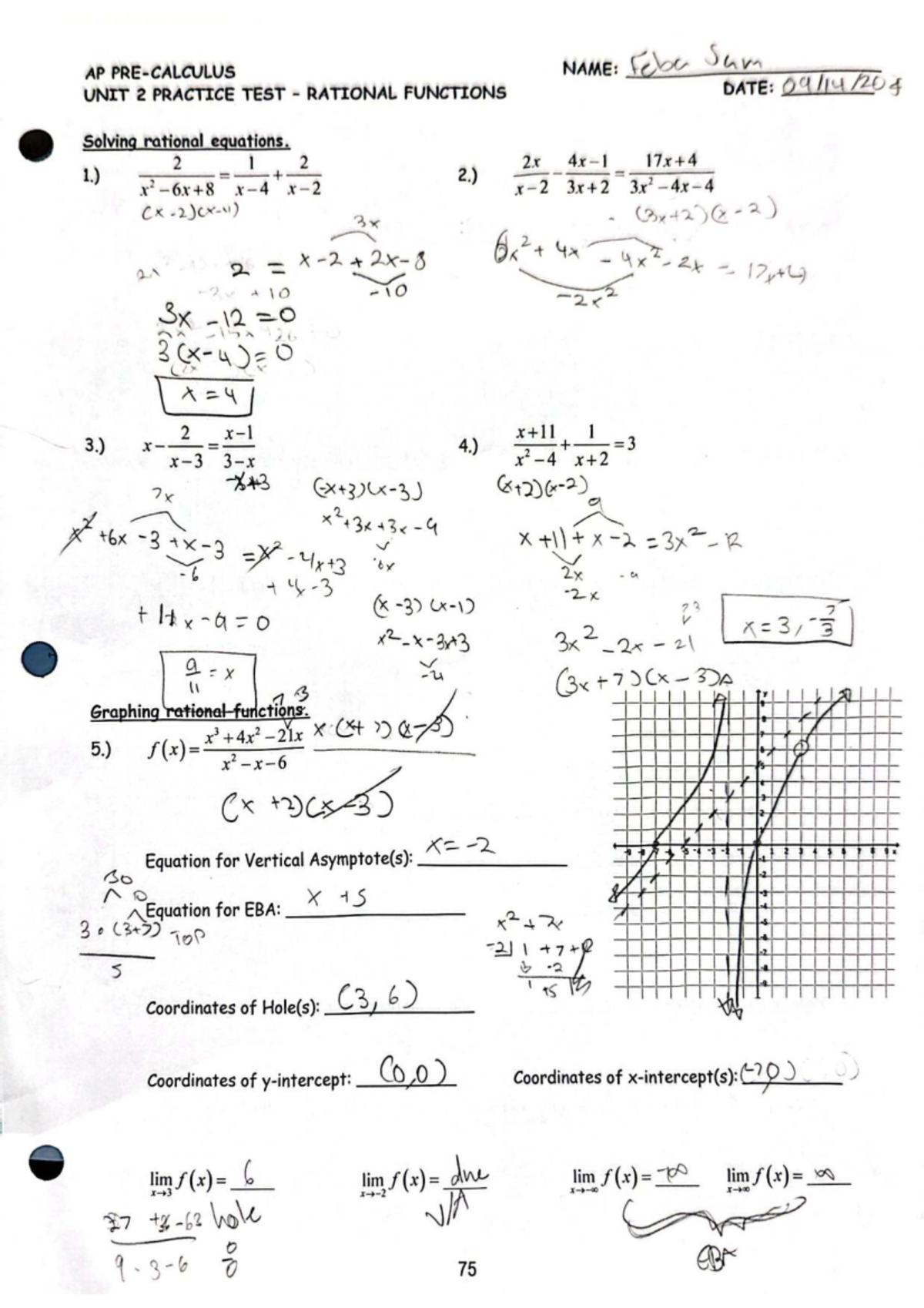 AP Calculus AB Unit 2 Practice Test: Rational Functions Solutions - Studocu