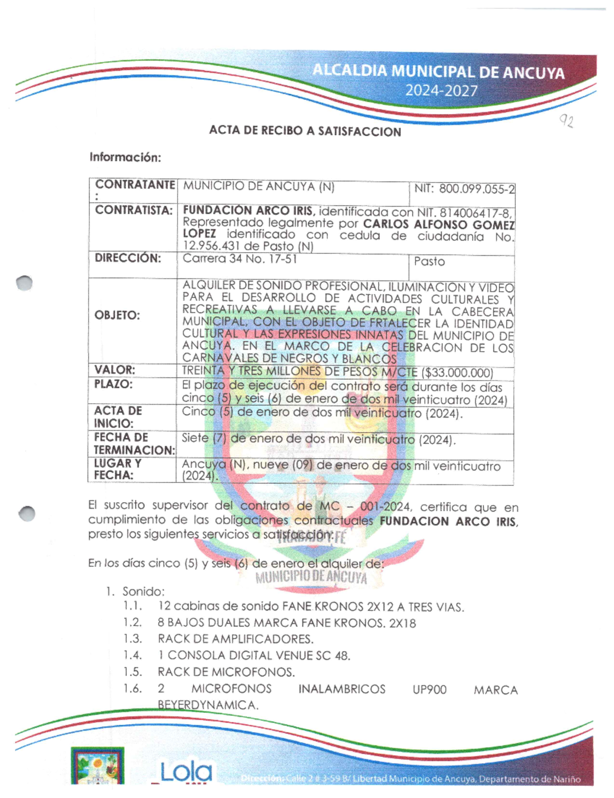 ACTA DE Recibo A Satisfaccion MC 001-2024 - ALCALDIA MUNICIPAL DE ...