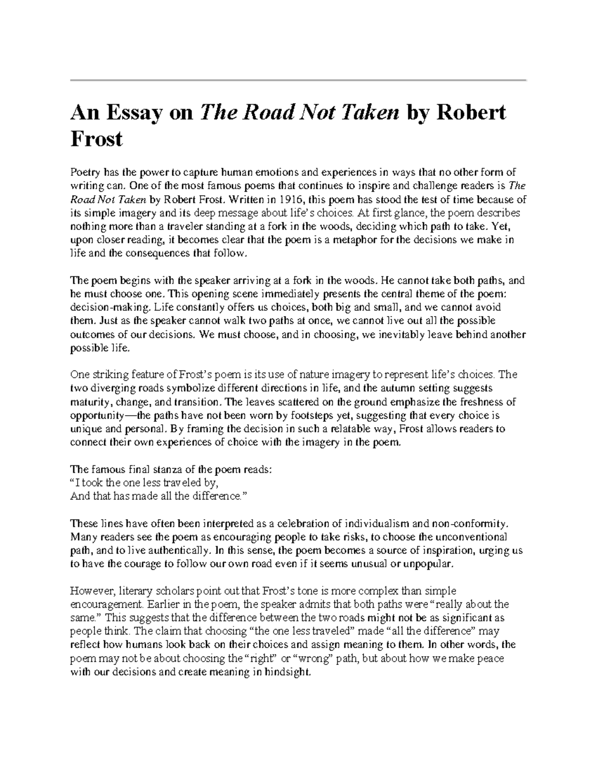 Essay on "The Road Not Taken" by Robert Frost - Analysis - Studocu
