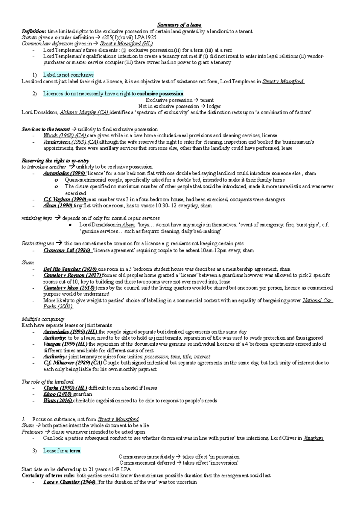 Leases - details / summary on land law - Summary of a lease Definition ...