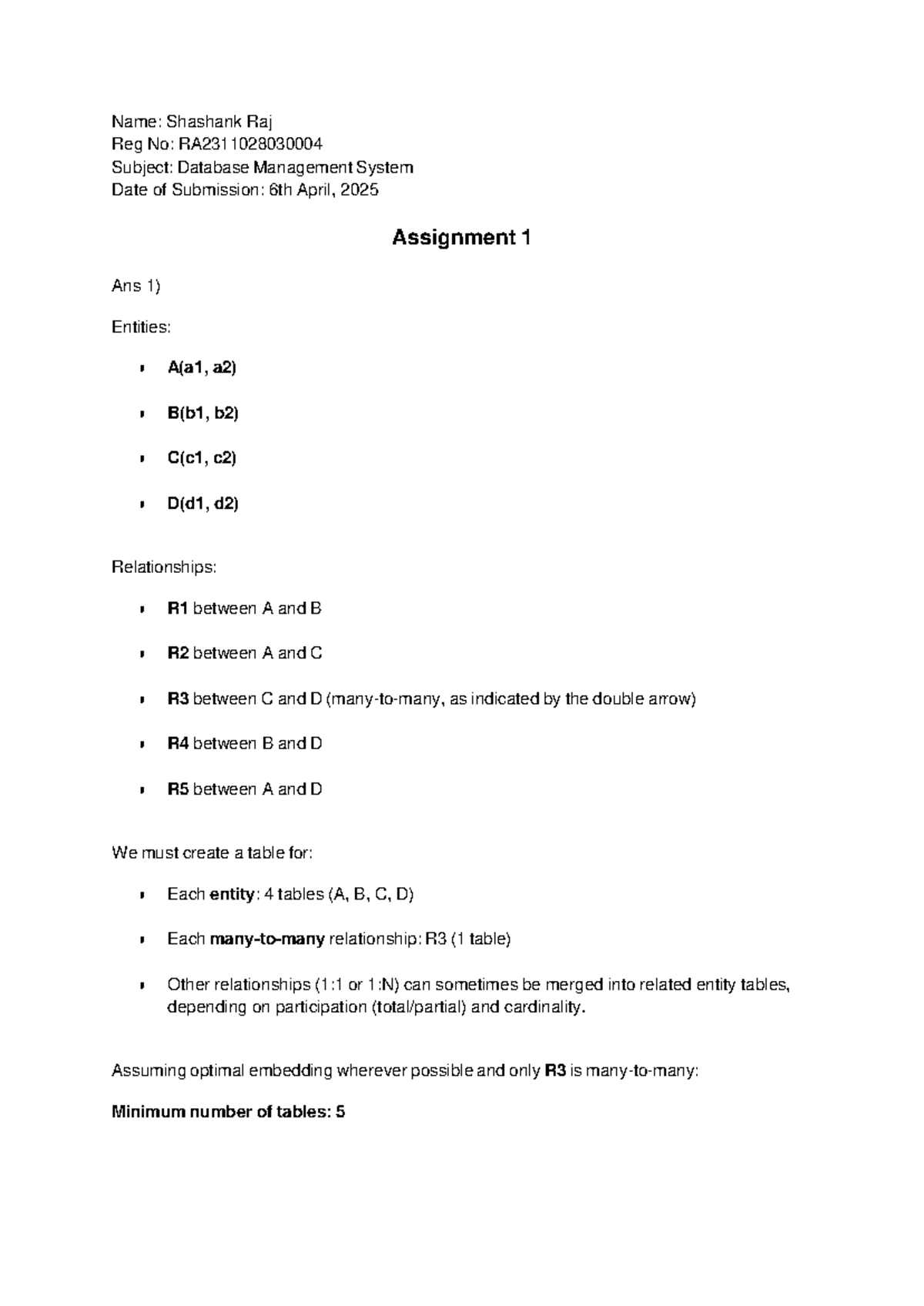 DBMS Assignment 1: Entity-Relationship and Normalization Analysis - Studocu