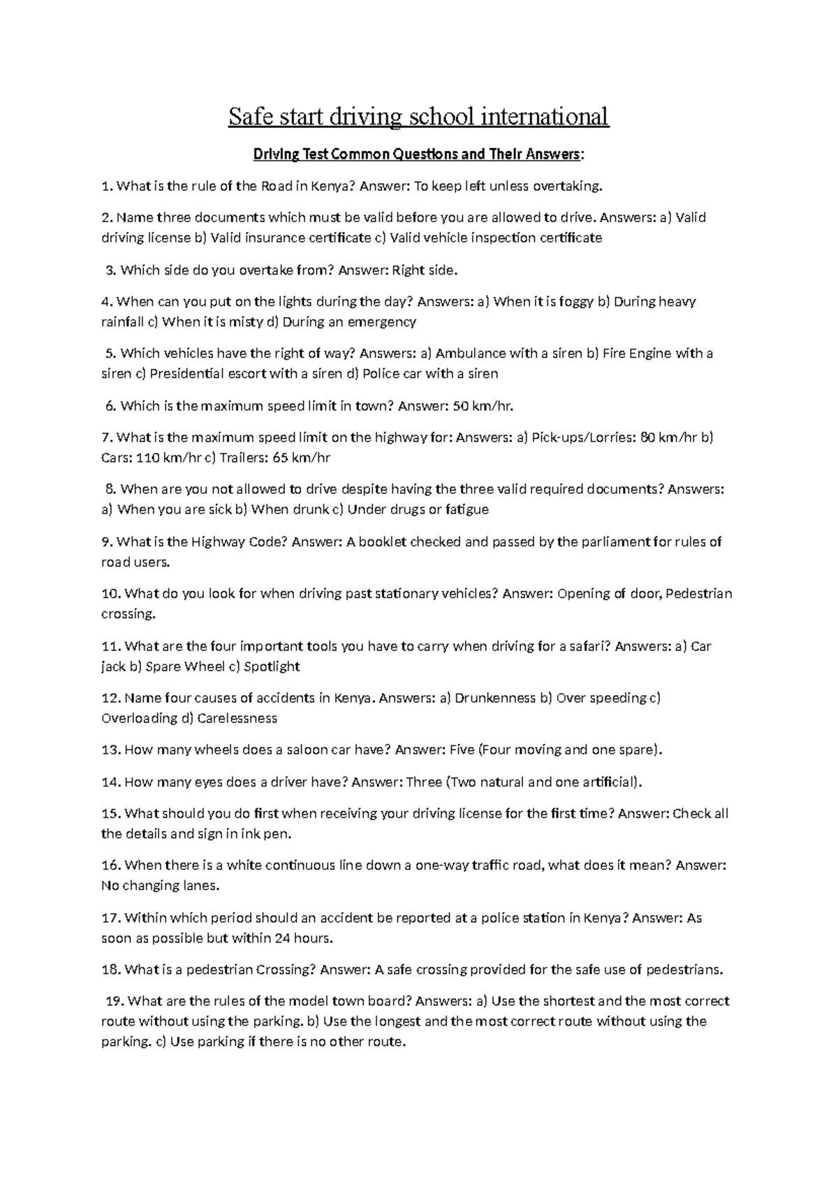 NTSA Driving Test Common Questions: Essential Guide for Students - Studocu