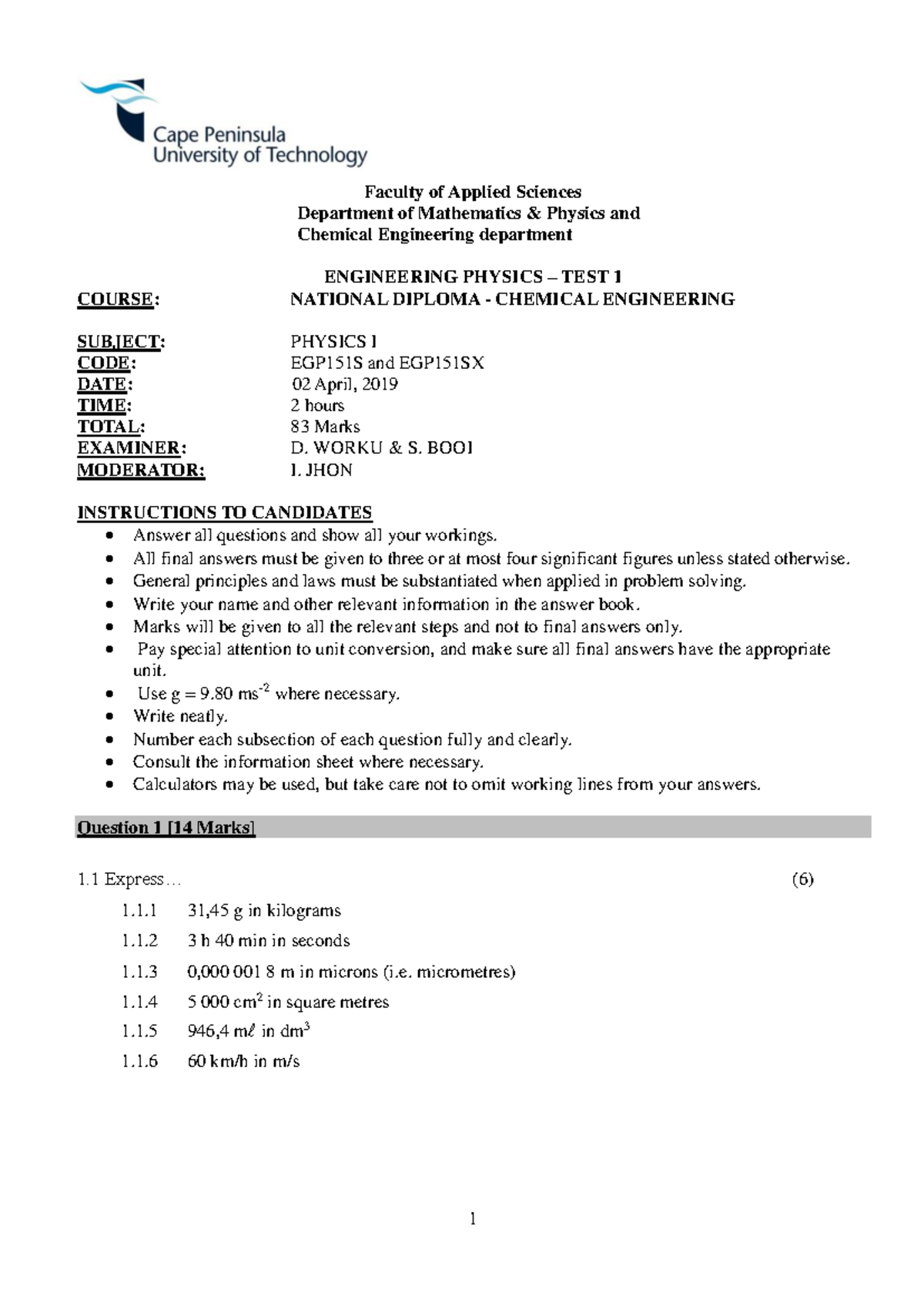 Engineering Physics I Test 1 Egp151s National Diploma 2019 Studocu